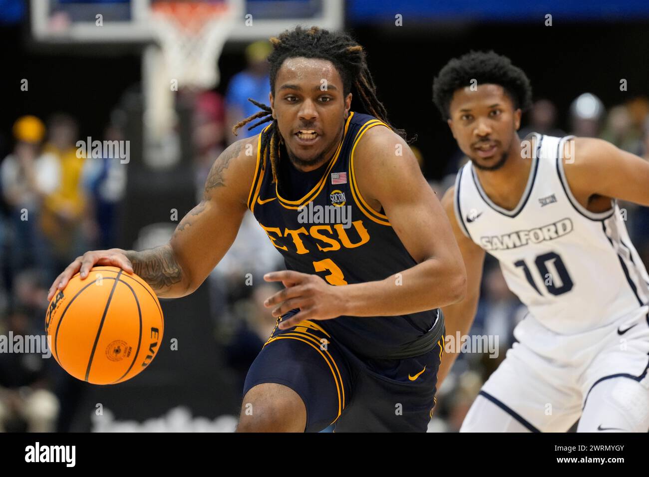 East Tennessee State guard Tyler Rice (3) drives the ball down court ...