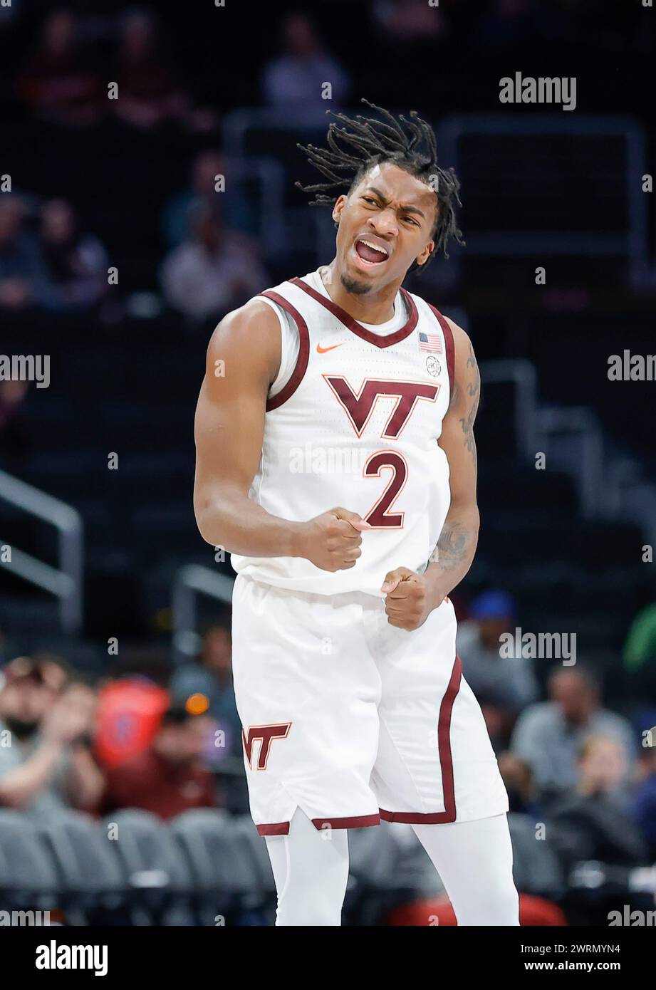March 13, 2024: Virginia Tech Hokies Guard (2) MJ Collins celebrates a ...
