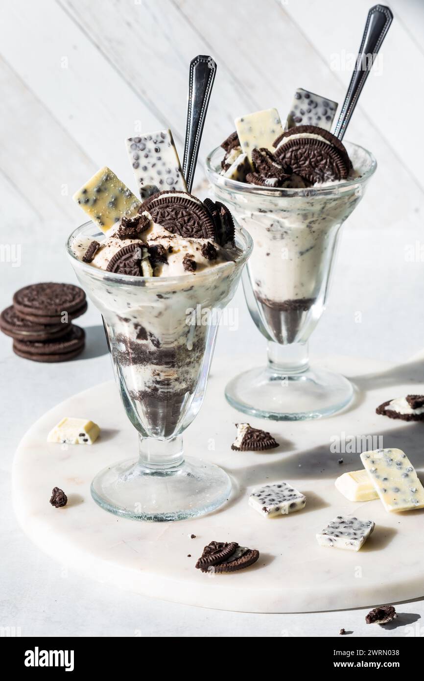 Servings of chocolate cookie ice cream parfaits, ready for eating Stock ...
