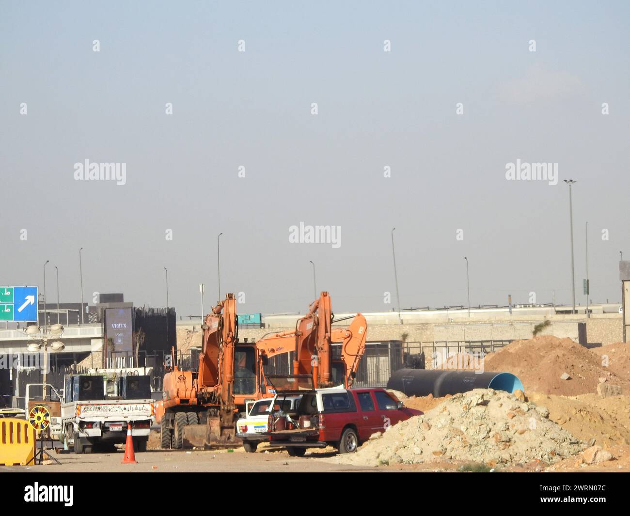 Cairo, Egypt, March 2 2024: preparations to place large water pipe ...