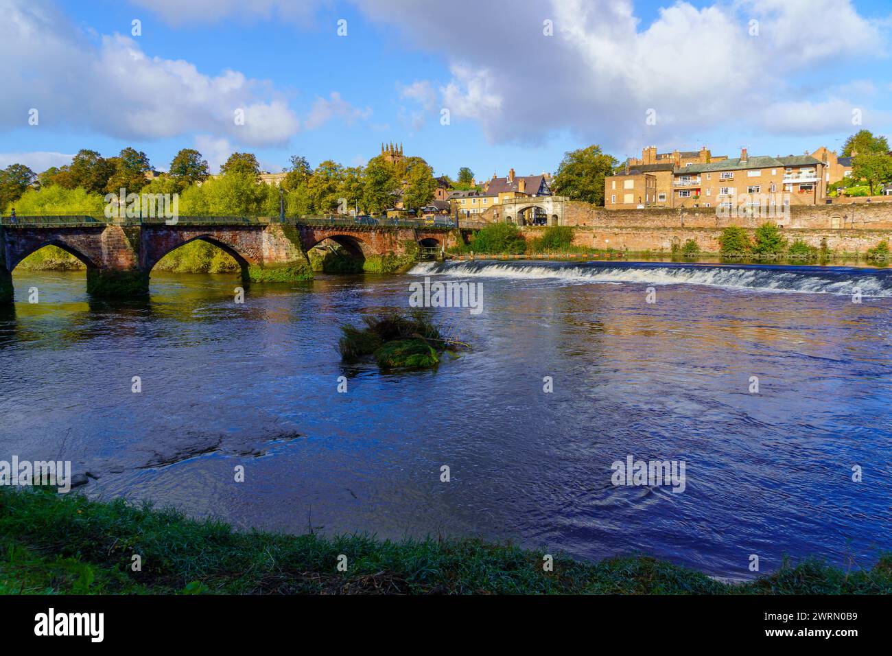 View of the Old Dee Bridge, over the river Dee, the walls, and the Bridge gate, in Chester ...