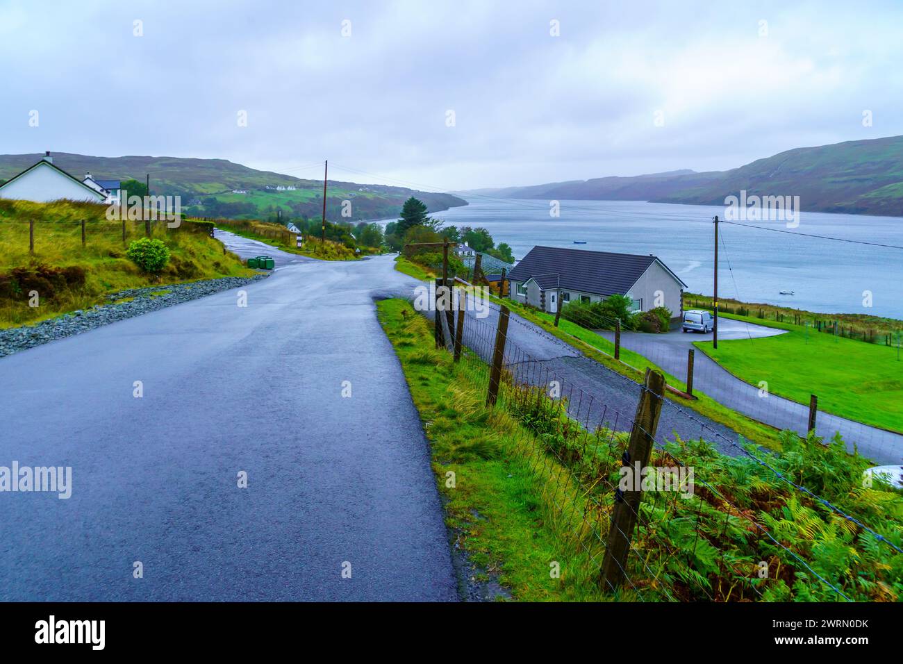 View of the village Carbost, on a rainy day, in the Isle of Skye, Inner ...