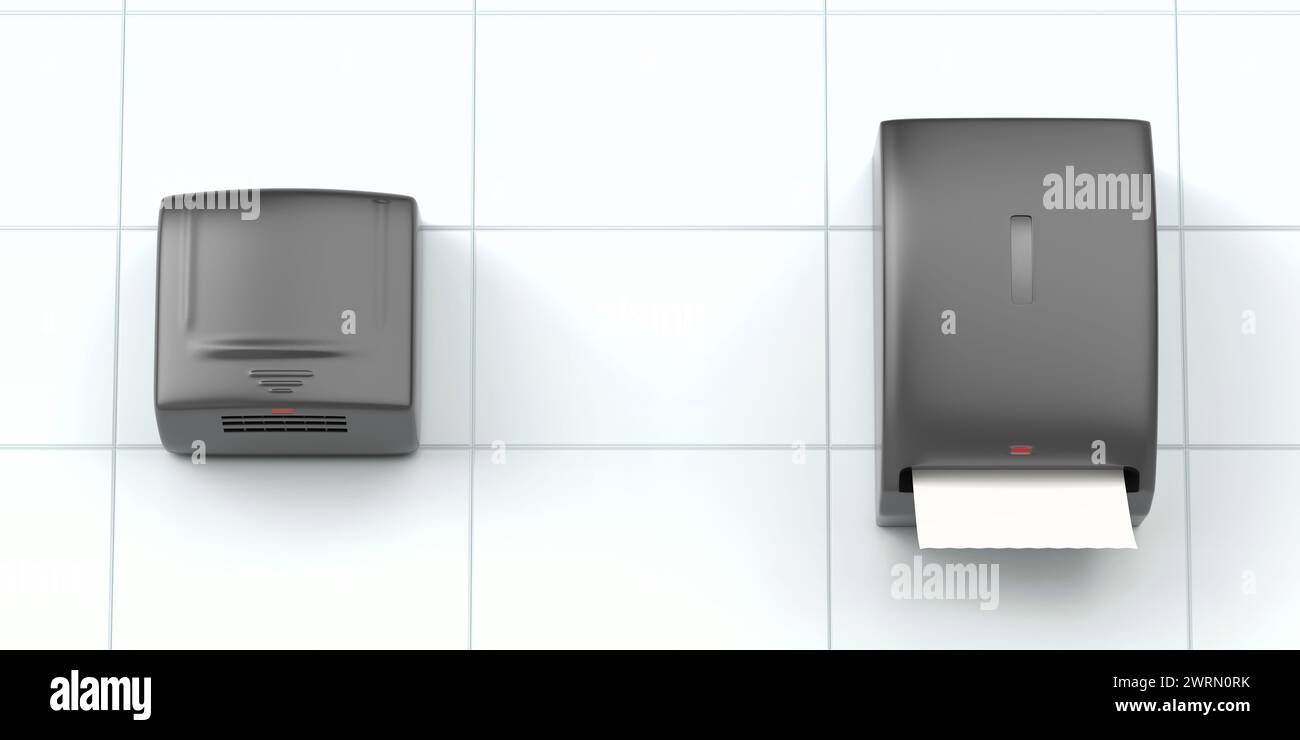 Black automatic paper towel dispenser and electric hand dryer in public ...