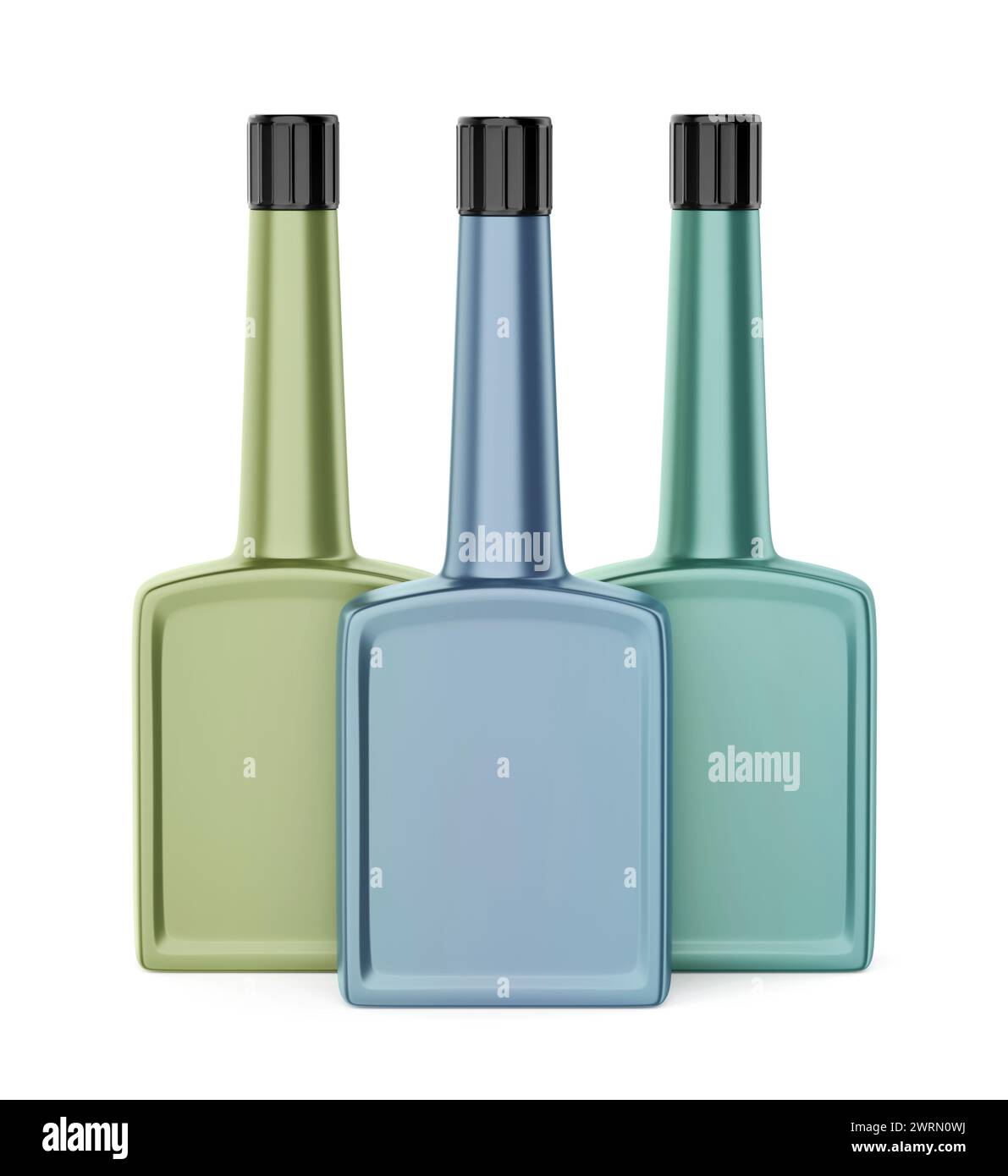 Three different colored plastic bottles for automotive fuel additive ...