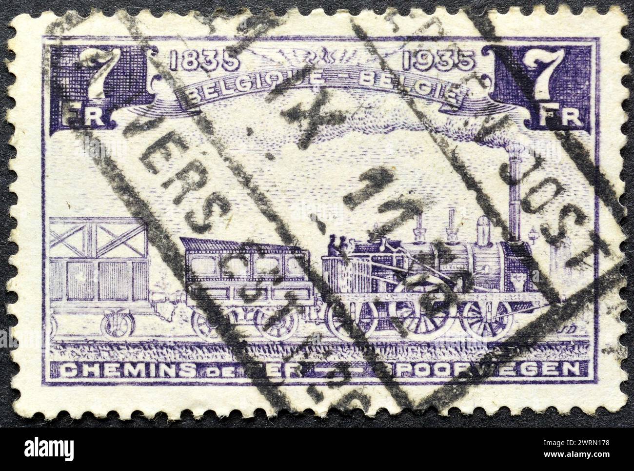 Cancelled postage stamp printed by Belgium, that shows Train, Railway ...