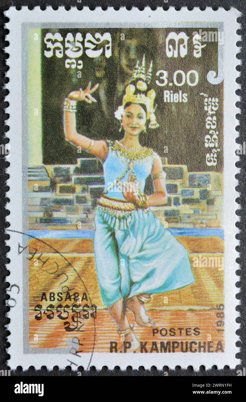 Cancelled postage stamp printed by Cambodia, that shows Absara ...