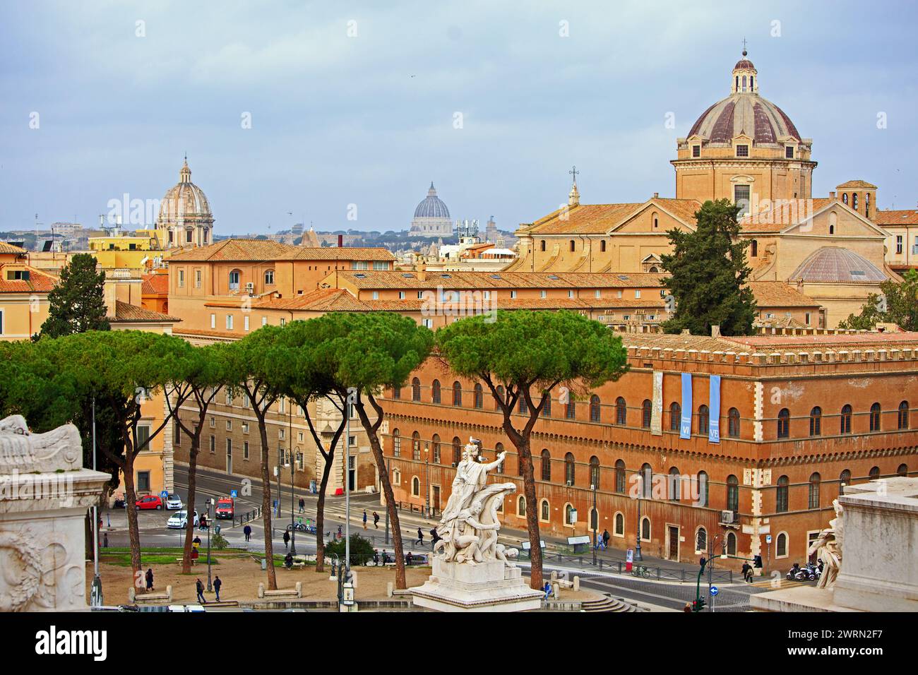 Elevated view over Rome City with St Peter's Basilica in the distance ...