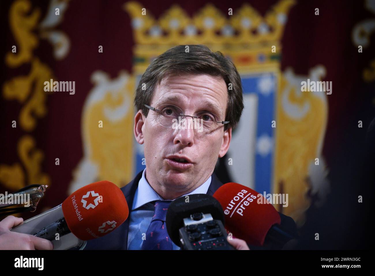 The mayor of Madrid, José Luis Martínez-Almeida, makes a statement to ...