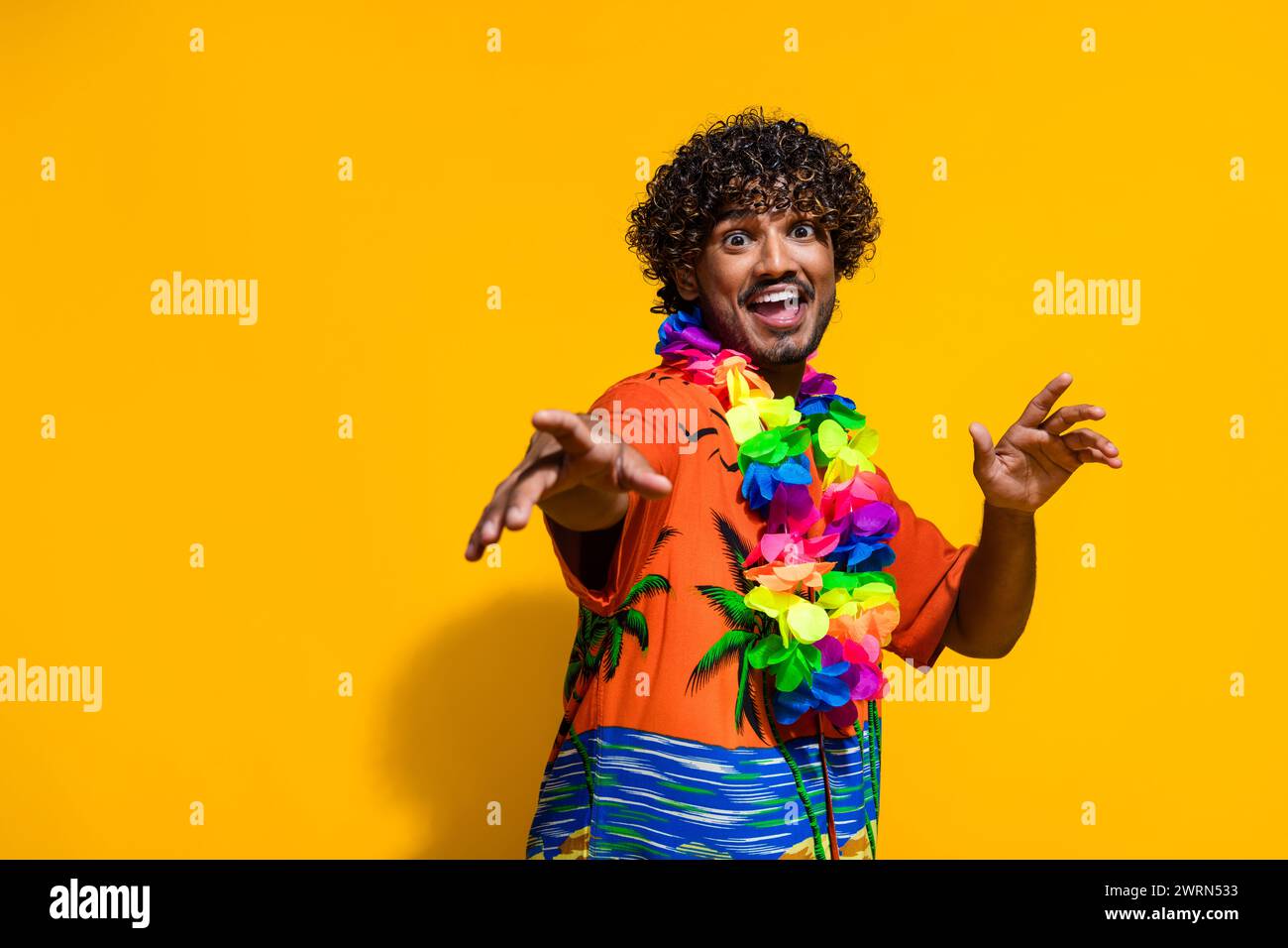 Portrait of eccentric guy with afro hair wear hawaii flower necklace ...