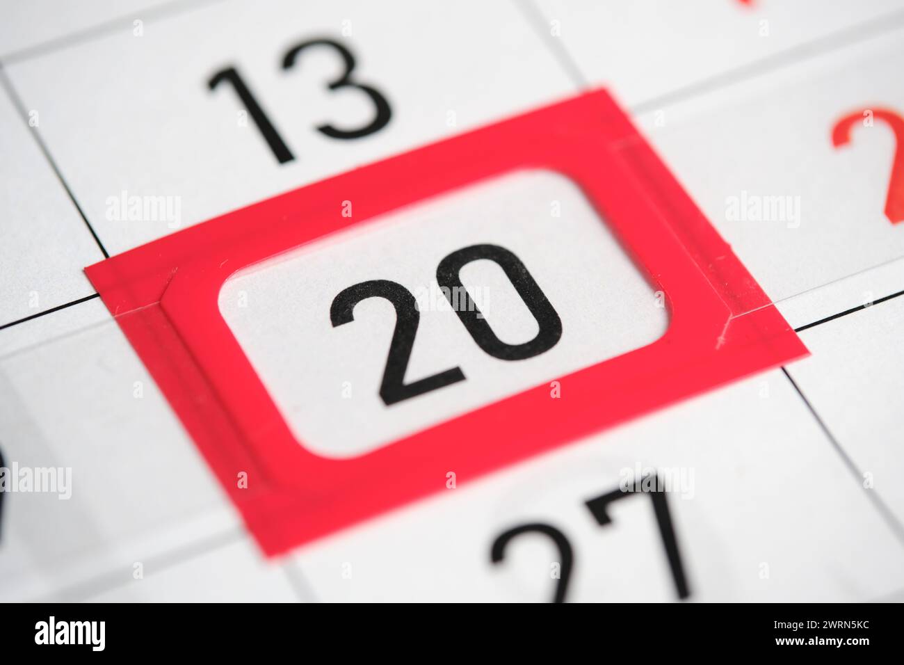 Calendar date. The 20th number the calendar is highlighted in a red ...