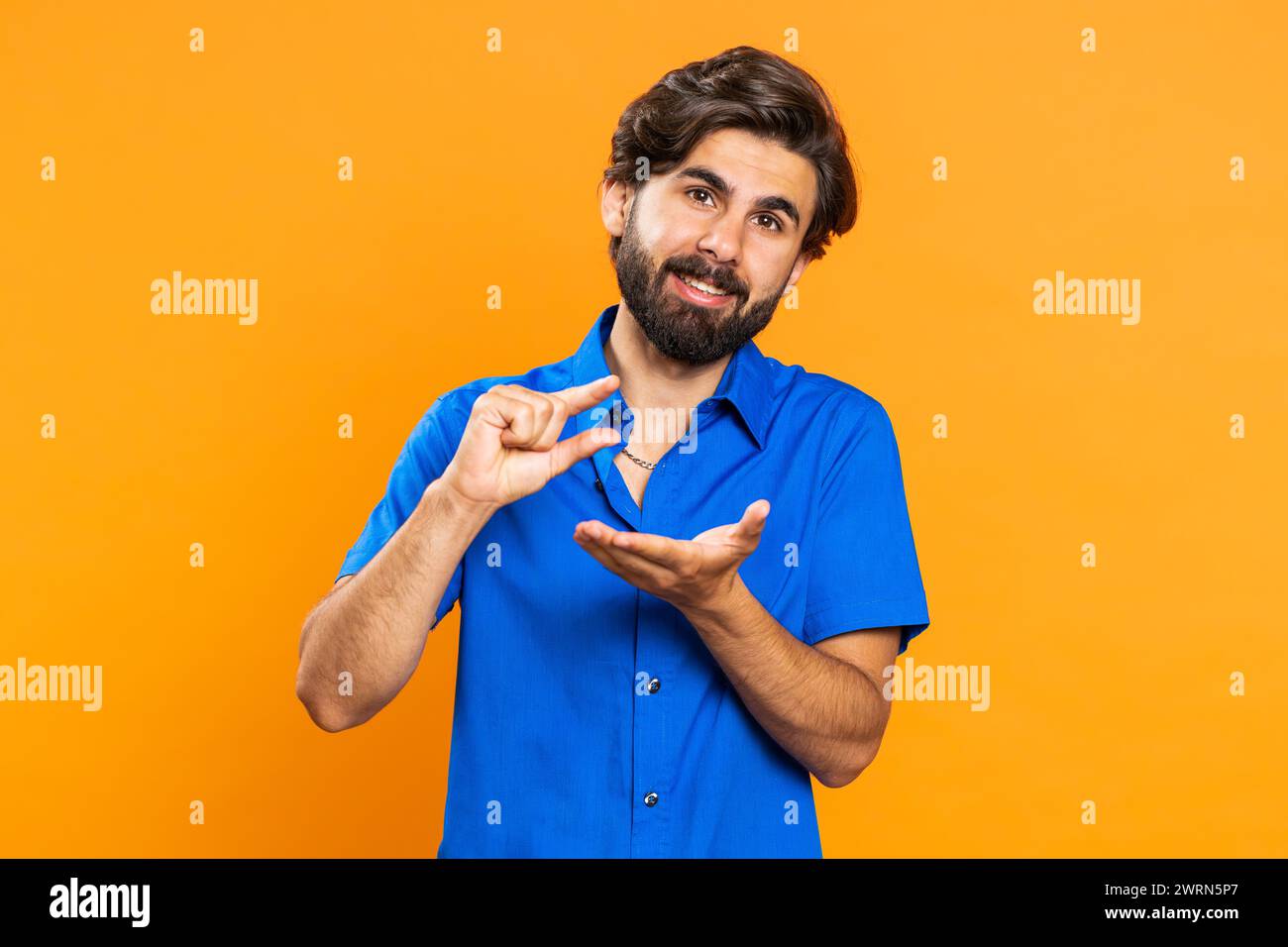 Need some more, please give me, help. Man showing a little bit gesture ...