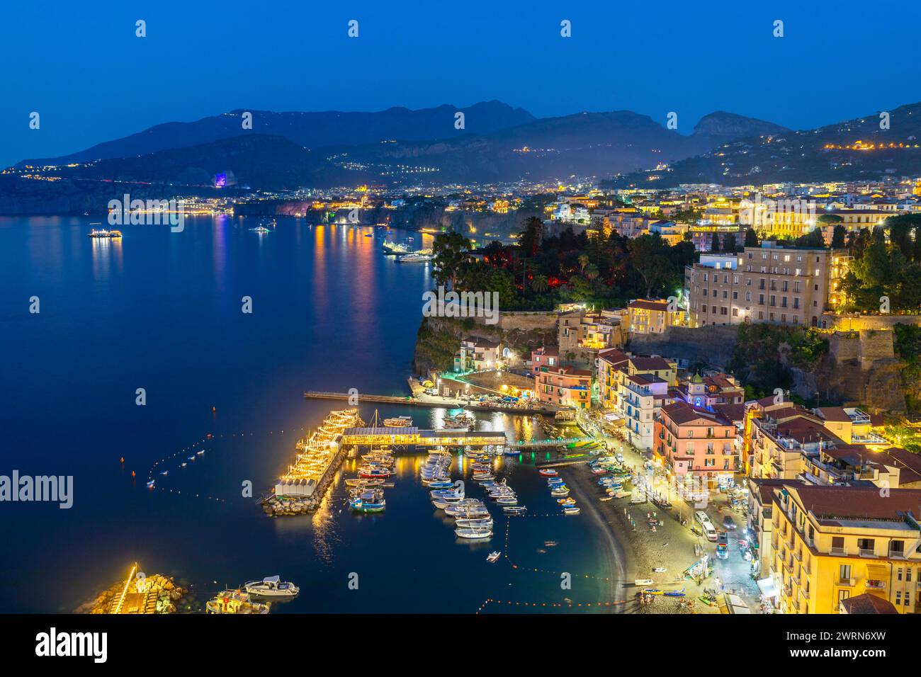 Panoramic dusk view of Sorrento, Bay of Naples, Campania, Italy ...