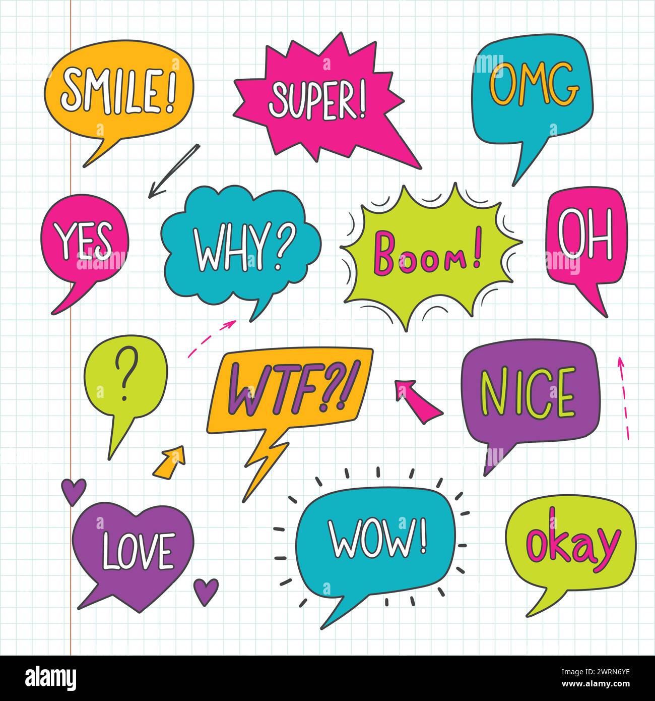 Cute speech bubble doodle set. Set of colorful doodle on paper ...