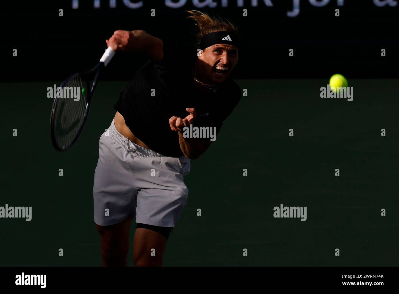 March 12, 2024 Alexander Zverev of Germany serves against Alex De ...