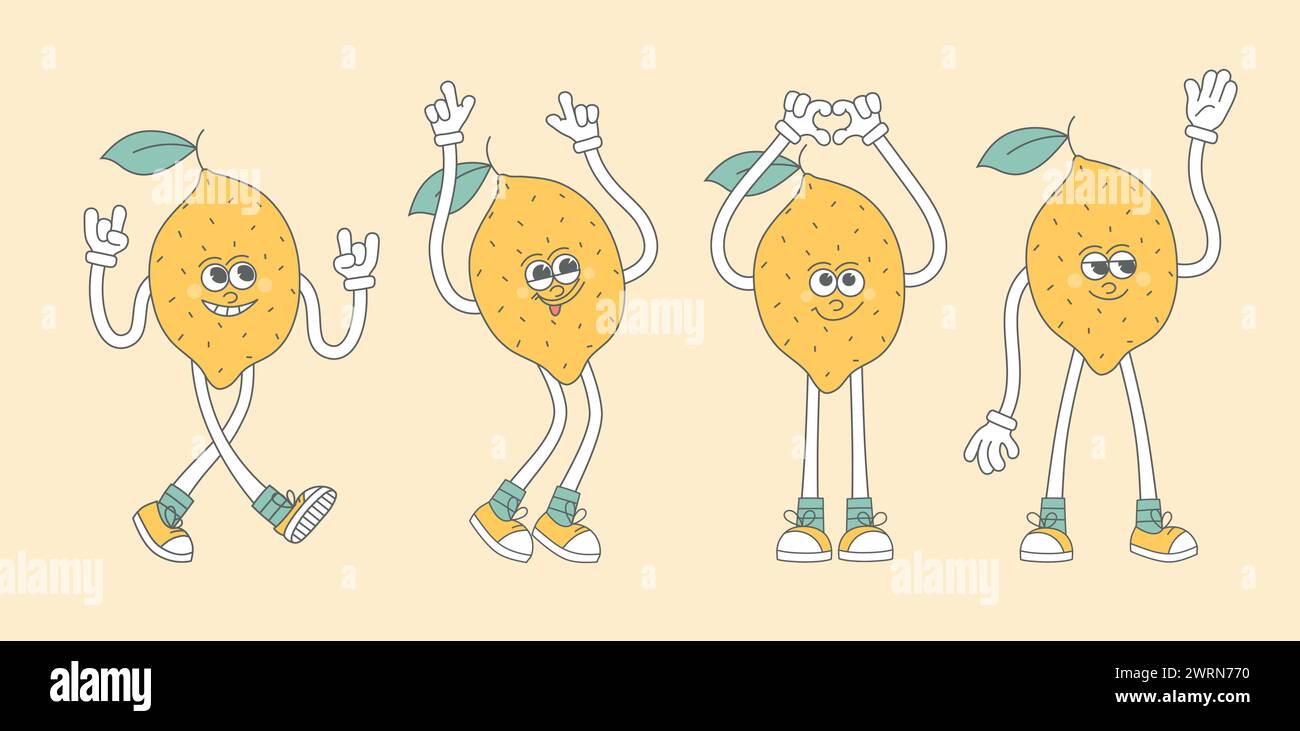 Retro groovy cartoon comic fruit different poses characters. Modern ...