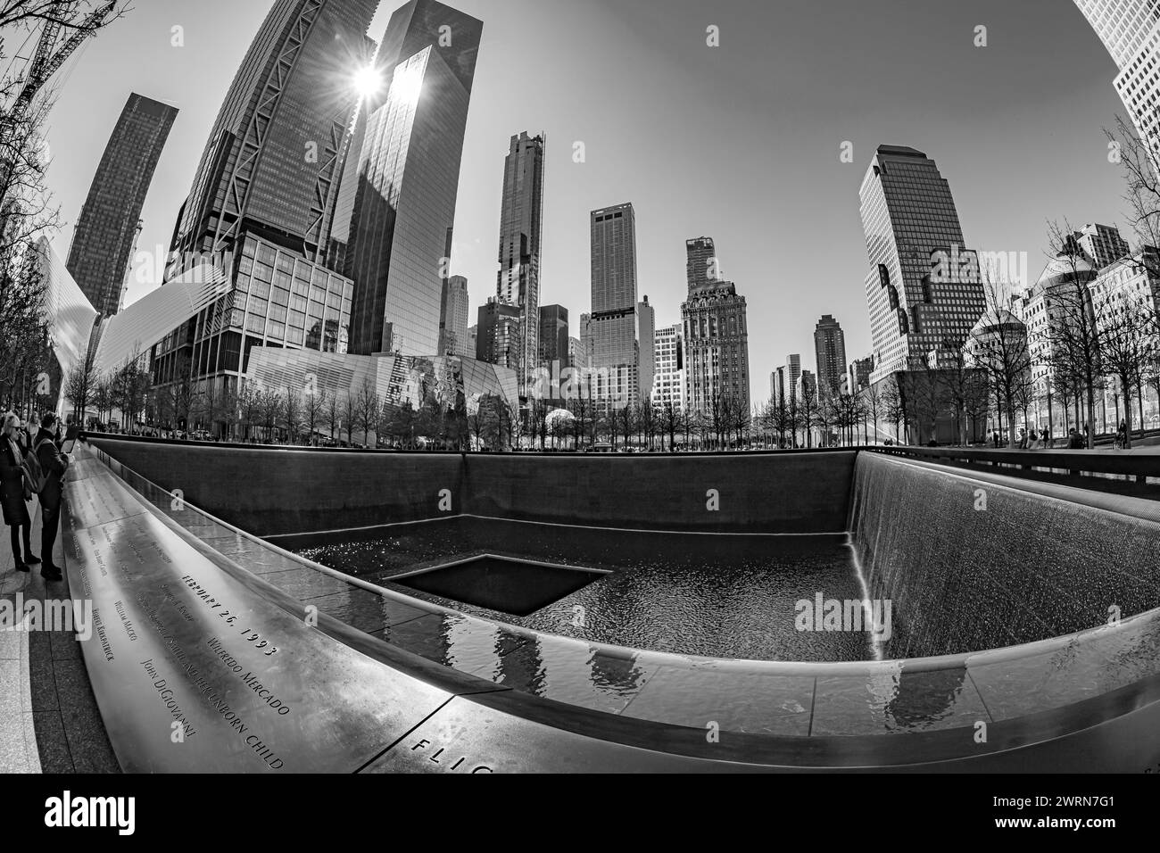 National september 11 memorial view Black and White Stock Photos ...