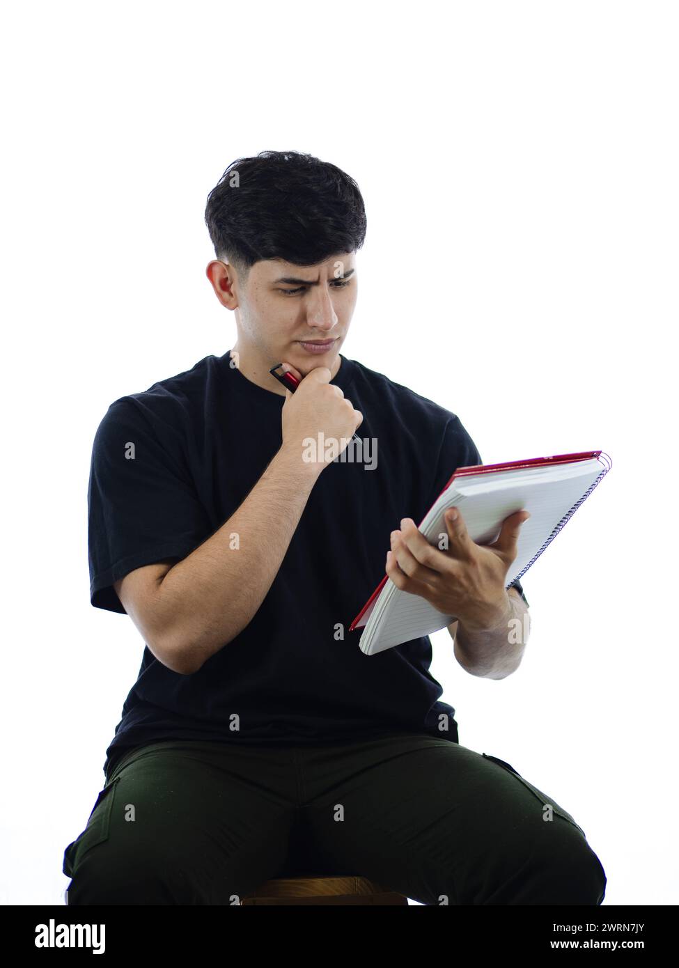 Concentrated young man looks at his notebook, seated with white ...