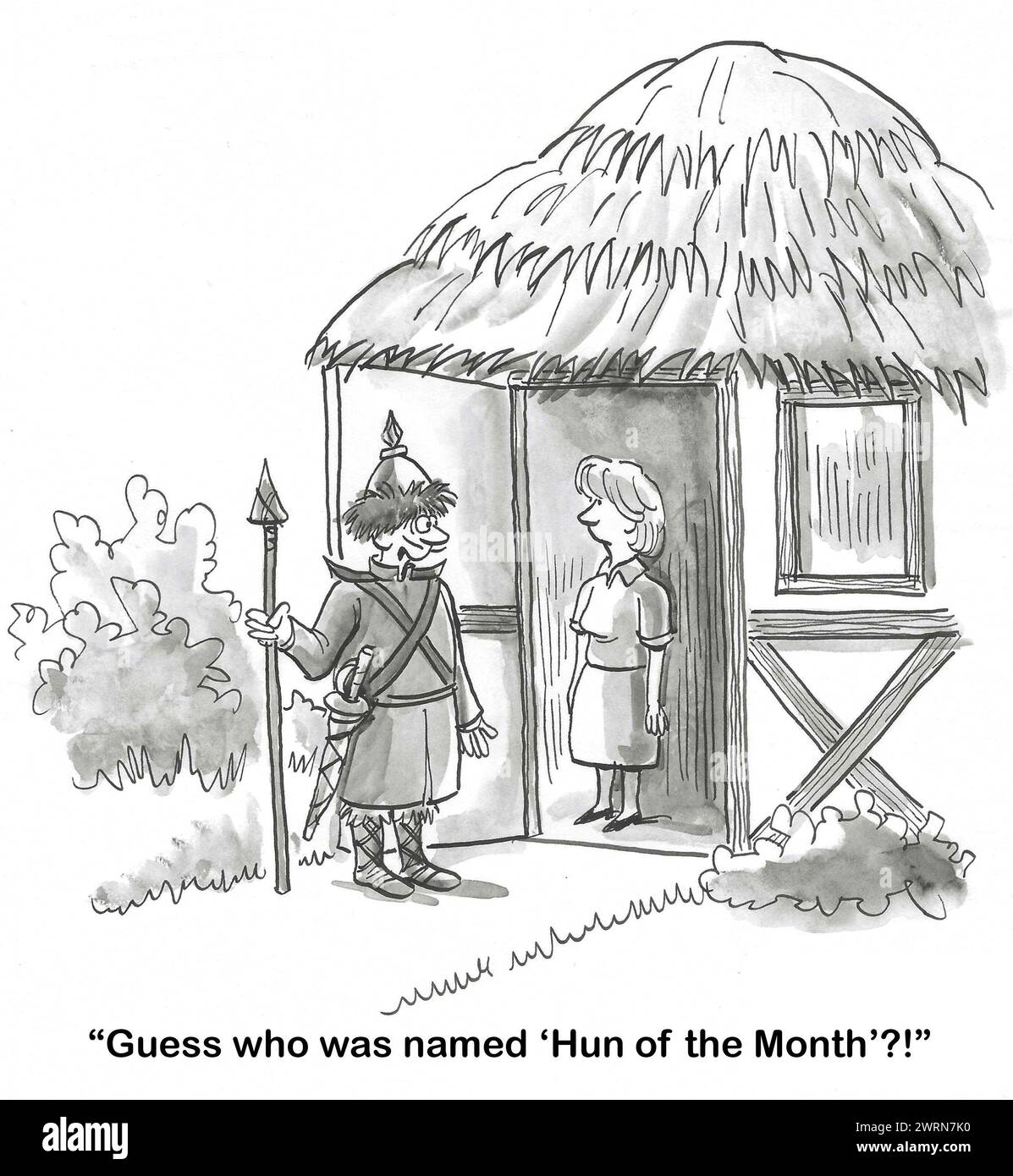 BW cartoon of a proud husband telling his wife he was named 'Hun of the ...