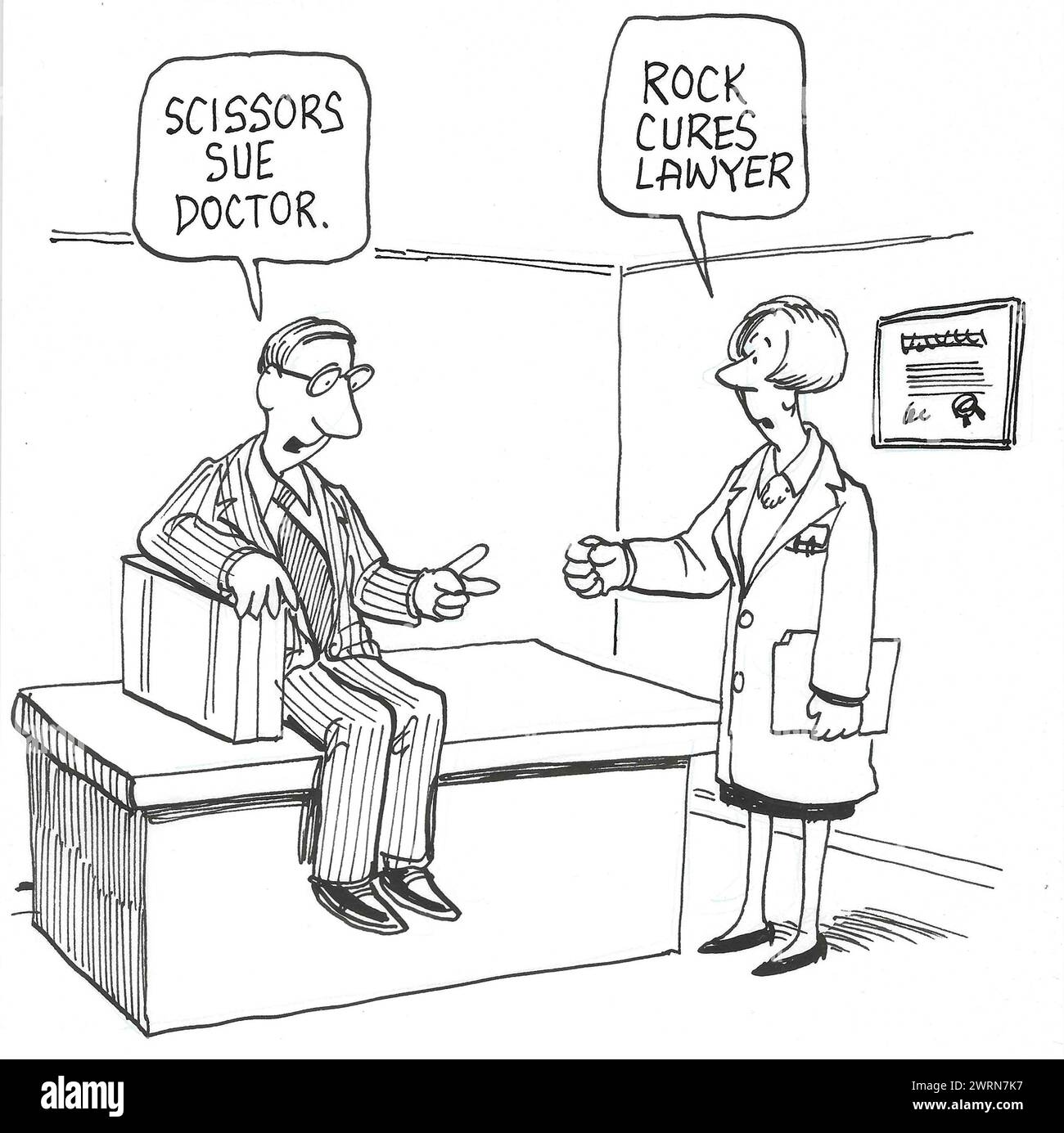 BW cartoon of a lawyer and a doctor, they are playing rock, paper ...