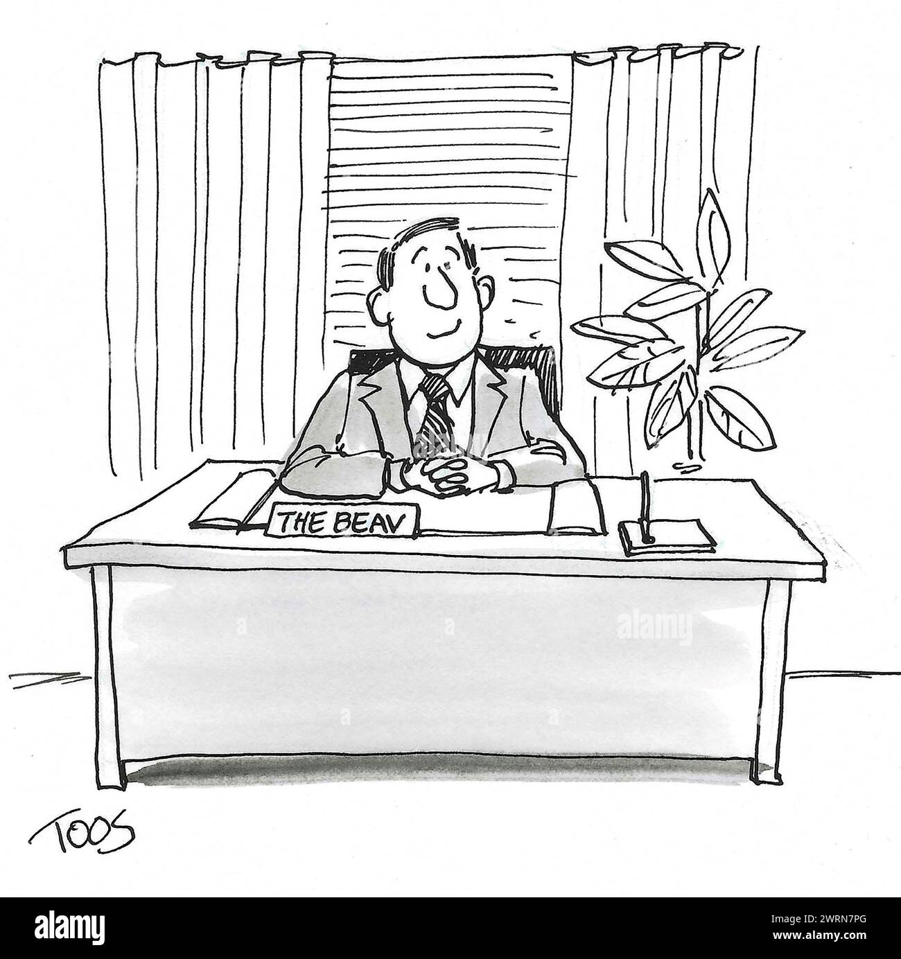 BW cartoon of a businessman at his desk, his nameplate reflects his ...