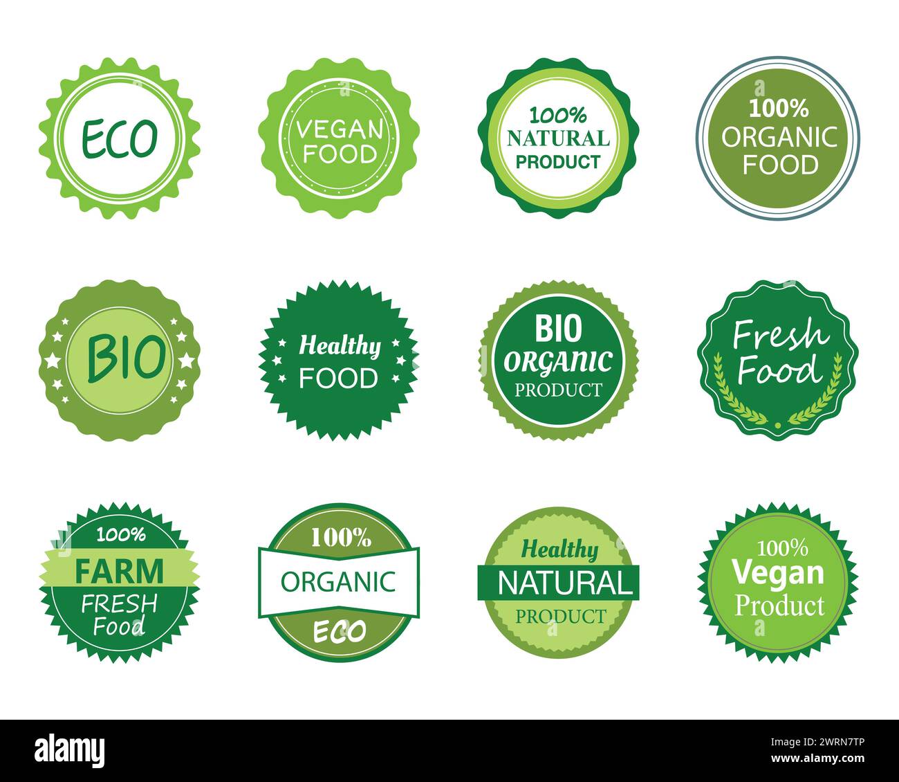 Set of green labels and badges with for organic, natural, bio and eco ...