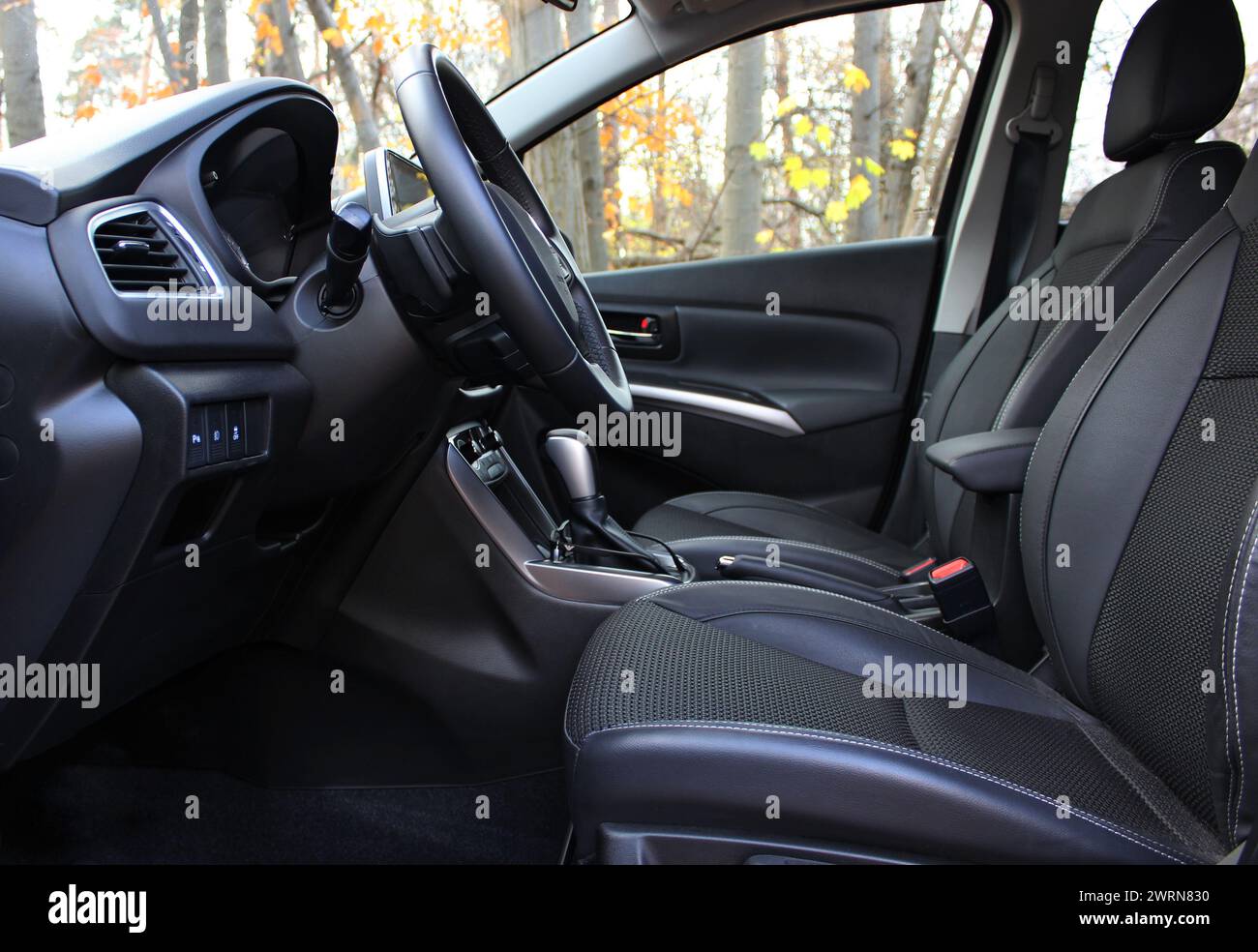 Side View Of Front Leather Seats Inside A Car At Open Air Parking Stock ...