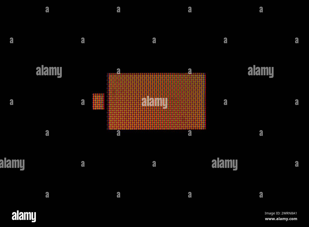 Empty red smartphone battery level indicator - low level: close up ...