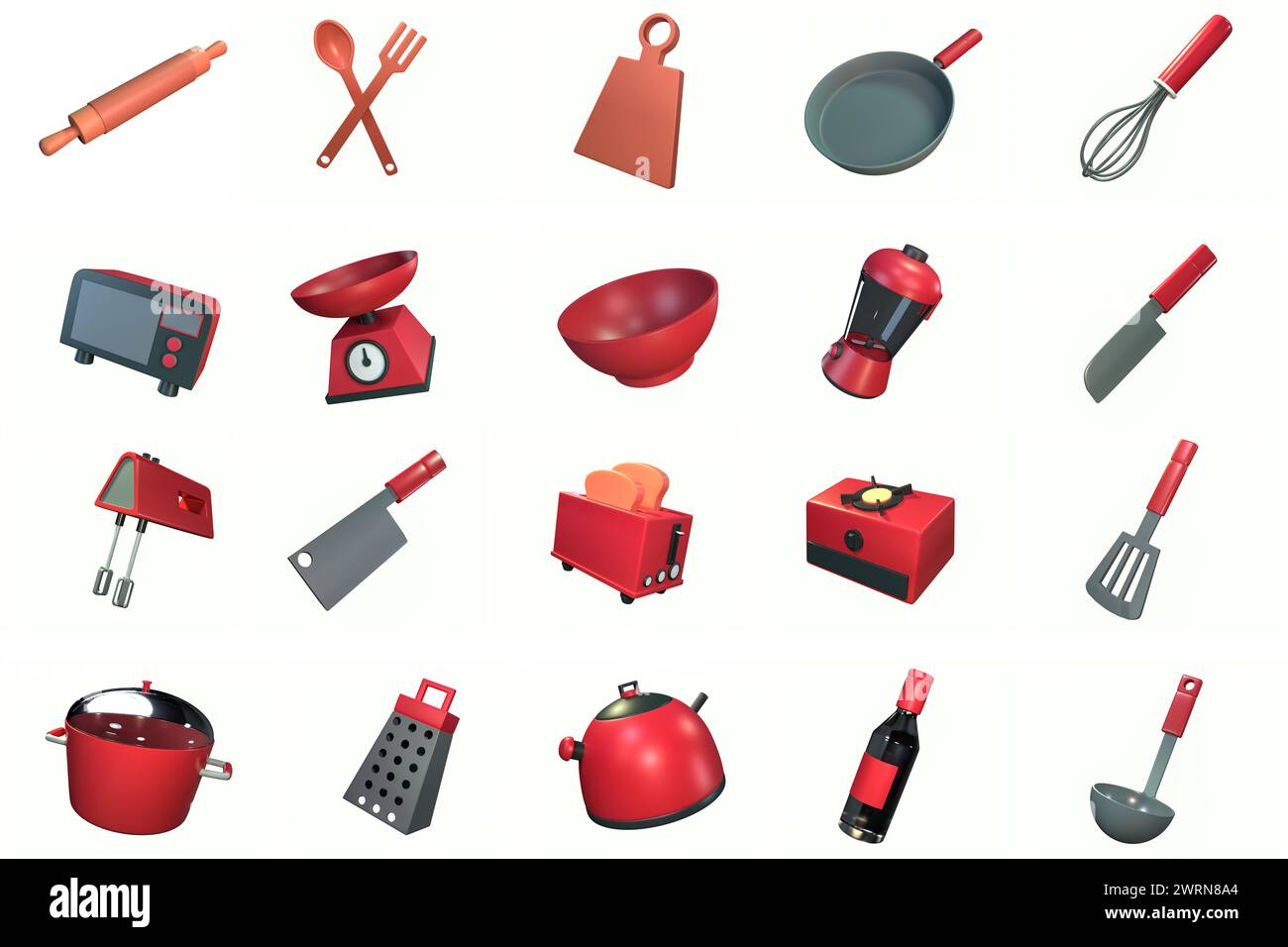 cartoon set of kitchen tools on a white background 3d rendering Stock ...