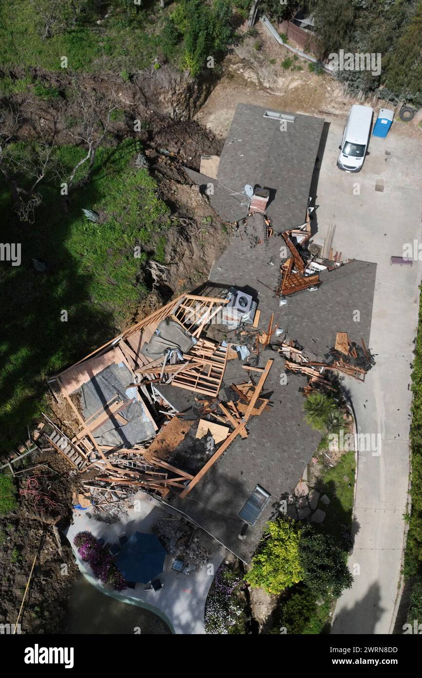 An aerial view shows a property damaged by a landslide, Wednesday ...