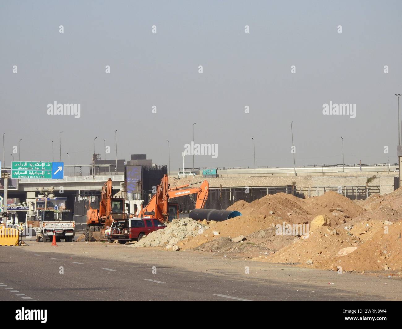 Cairo, Egypt, March 2 2024: preparations to place large water pipe ...