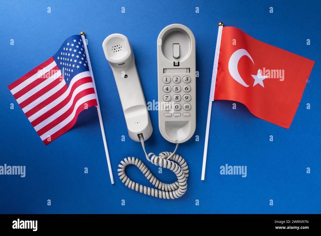 USA, Turkey flag and old corded telephone on a blue background, concept ...