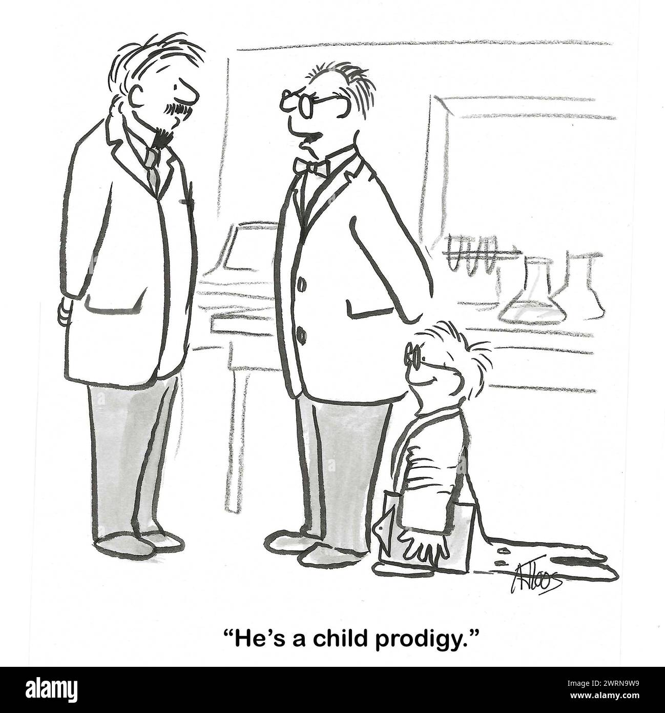 BW cartoon of a child prodigy about to work with the team Stock Photo ...
