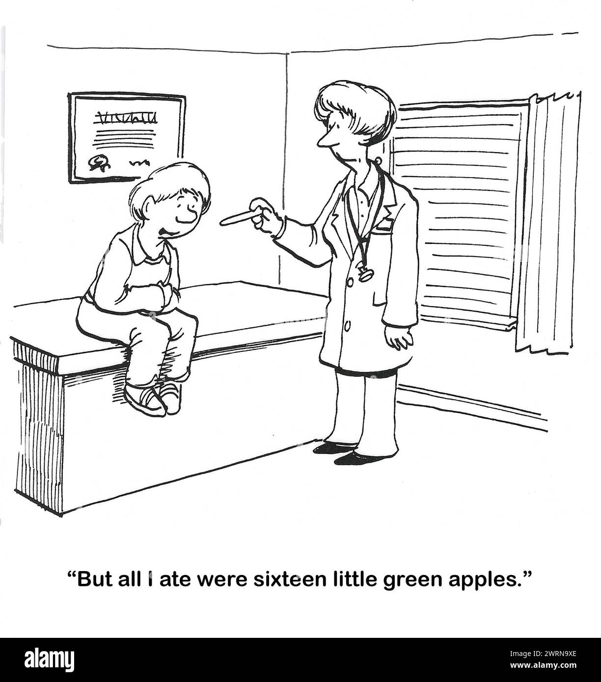BW cartoon of a young boy at the doctor's office, he ate 16 little ...