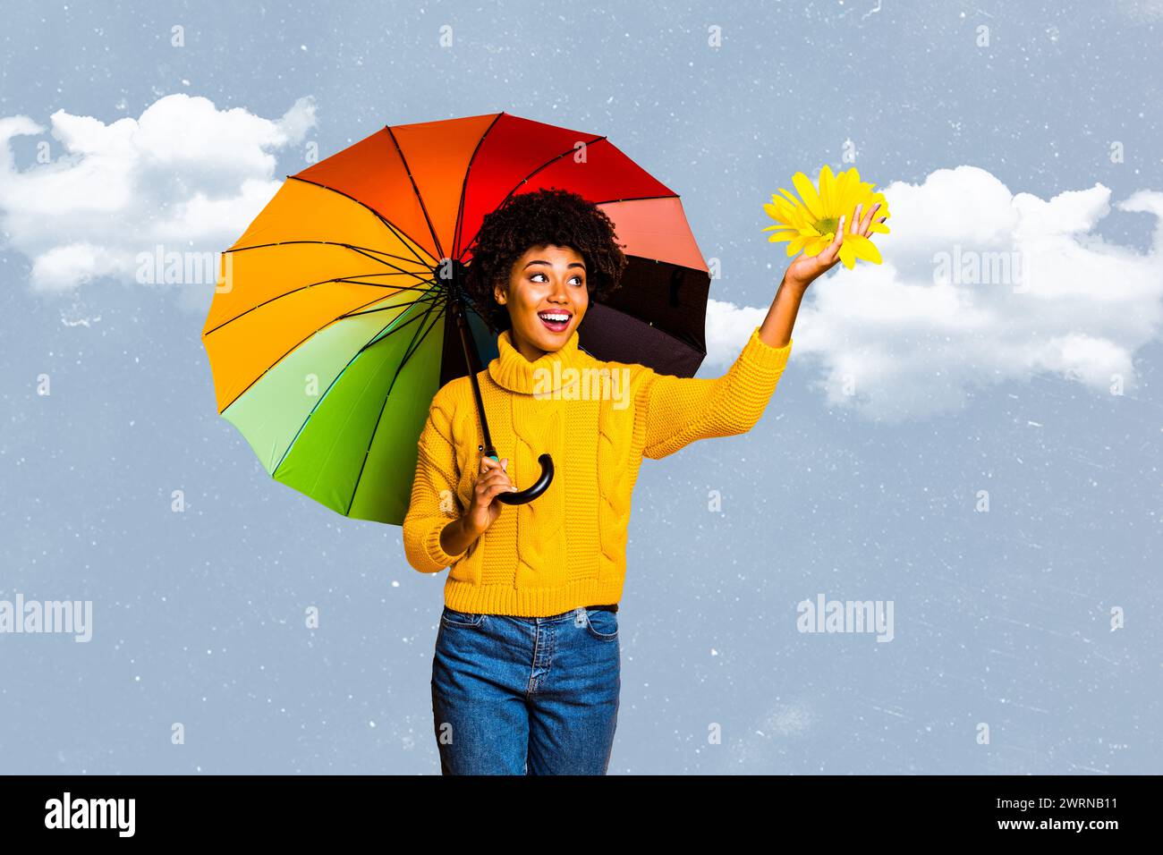 Collage picture of positive pretty girl hold umbrella fresh daisy ...