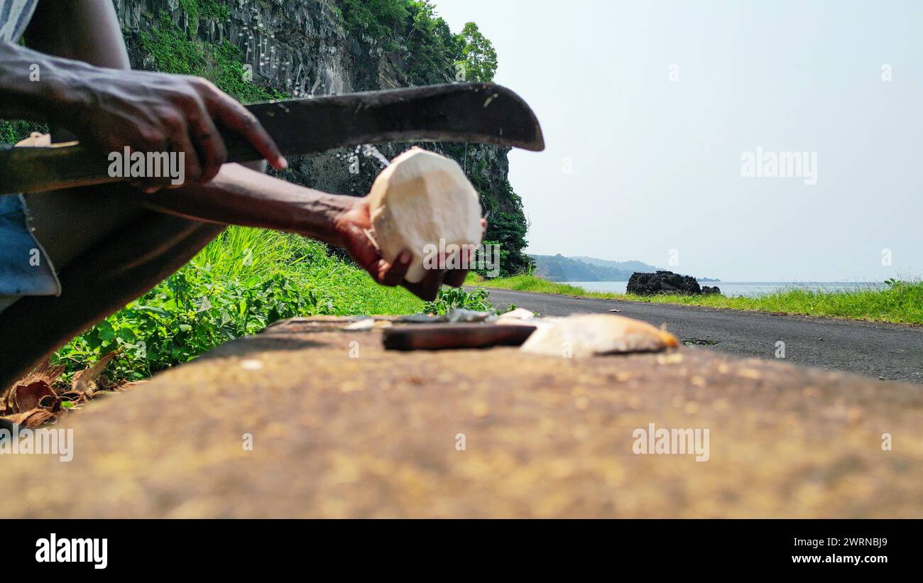 View of an African man with a machete cutting a coconut, with Santa ...