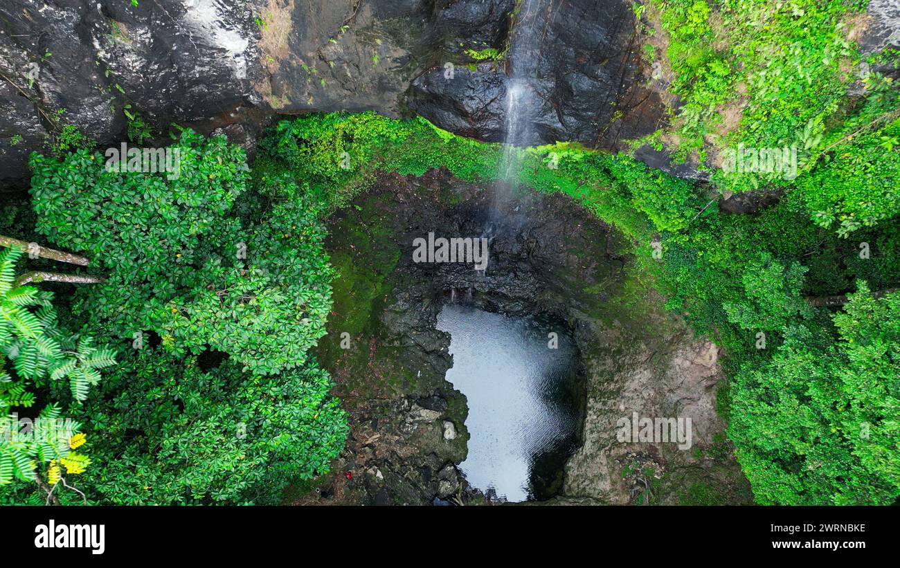 View from Oque Pipi waterfall, on Prince Island in Sao Tome e Principe ...