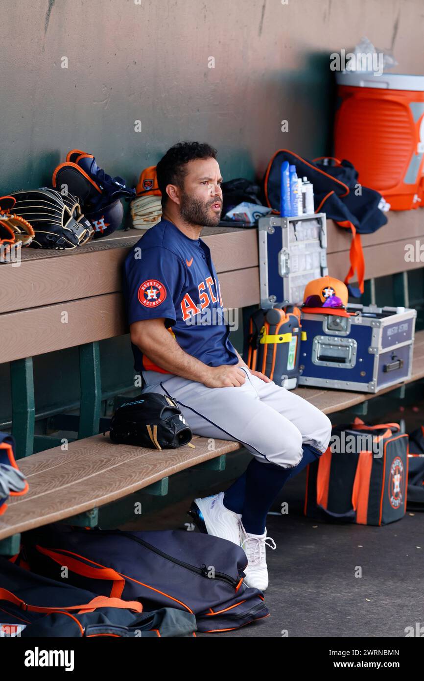 JUPITER, FL - MARCH 12: Houston Astros second baseman Jose Altuve (27) watches from the dugout ...