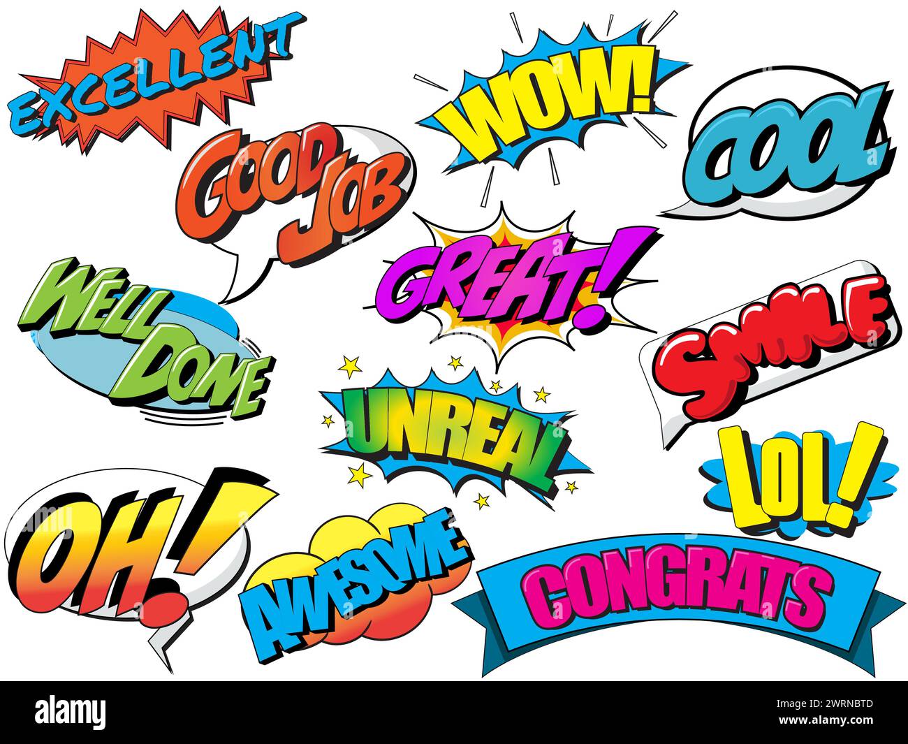 Collection of complementary or expressive words in a retro comic book ...