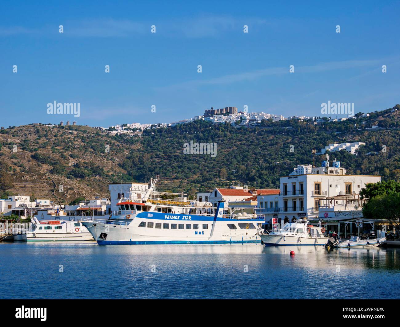 View over Skala Port towards the Monastery of Saint-John the Theologian ...