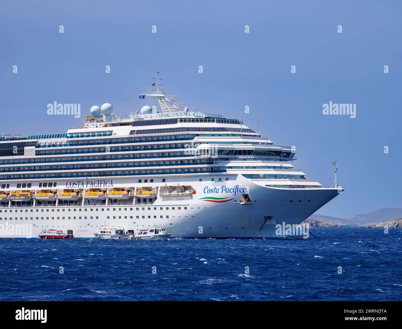 Cruise Ship off the coast of Mykonos Island, Cyclades, Greek Islands ...