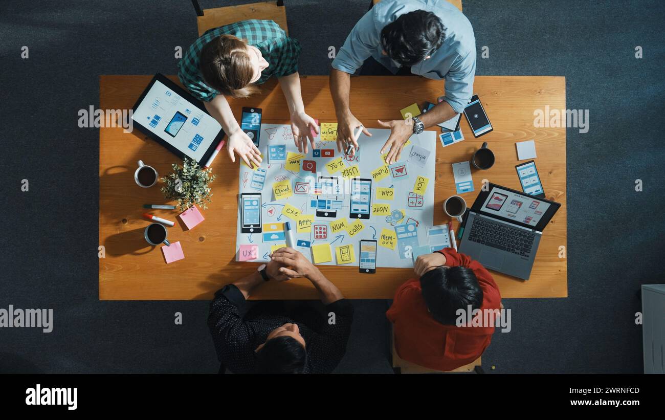 Professional developer team sharing idea of Ux Ui design by using mind map. Top down view of ...