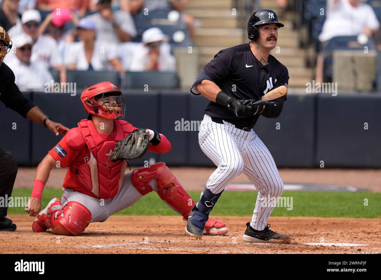 New York Yankees' Austin Wells hits a double in the second inning of a ...