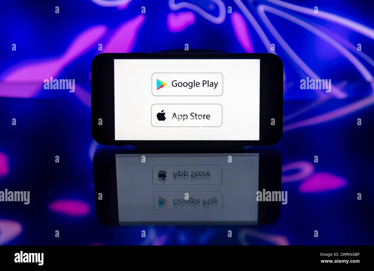 India. 13th Mar, 2024. In this photo illustration, the Google play store and Apple App Store ...