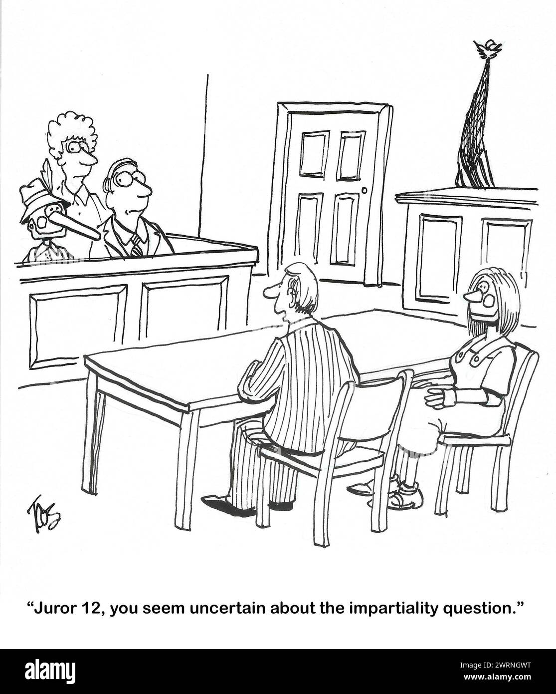 BW cartoon of a juror, whose nose has grown quite lonog, indicating he ...