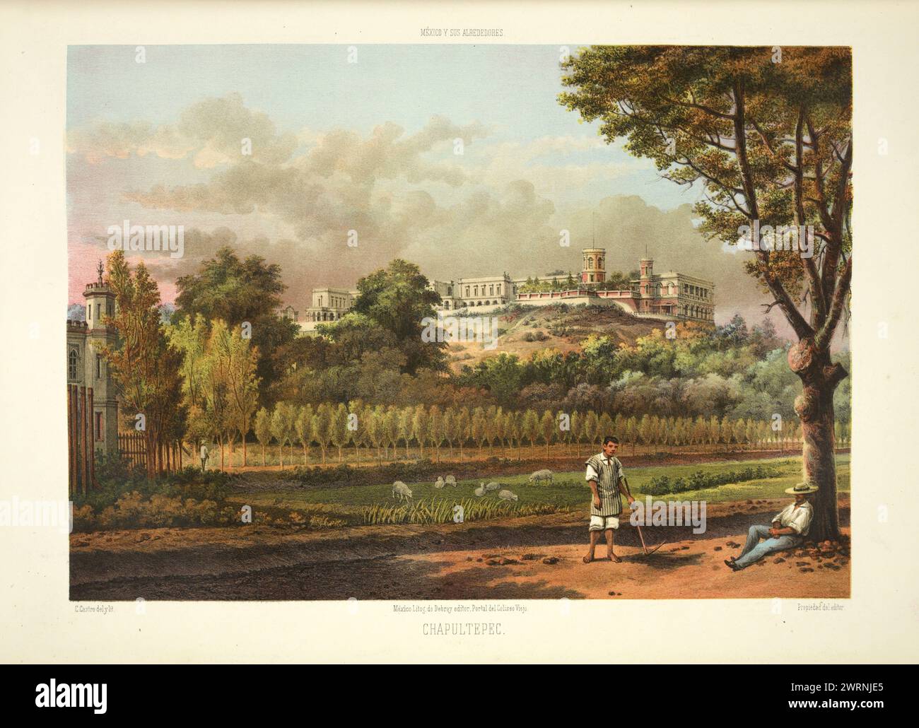 View of Chapultepec Castle. Vintage historical Lithography by Casimiro ...