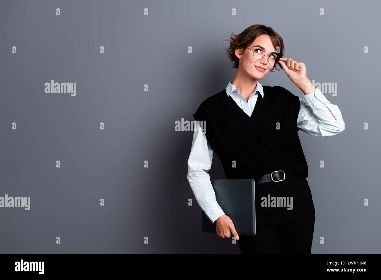 Photo of stunning confident woman professor dressed stylish black ...