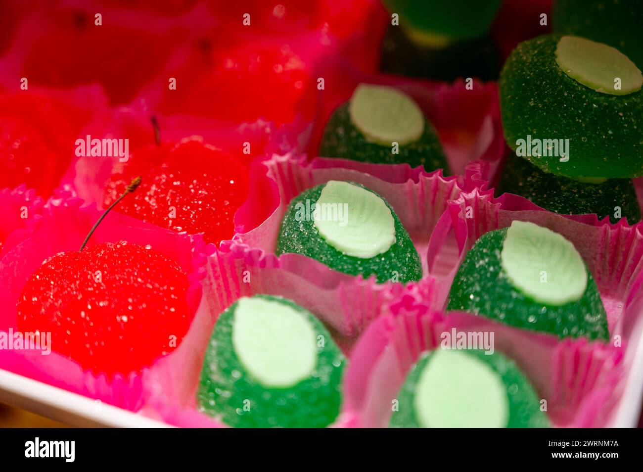 French or italian sweets, fruit jelly bonbons on display in ...