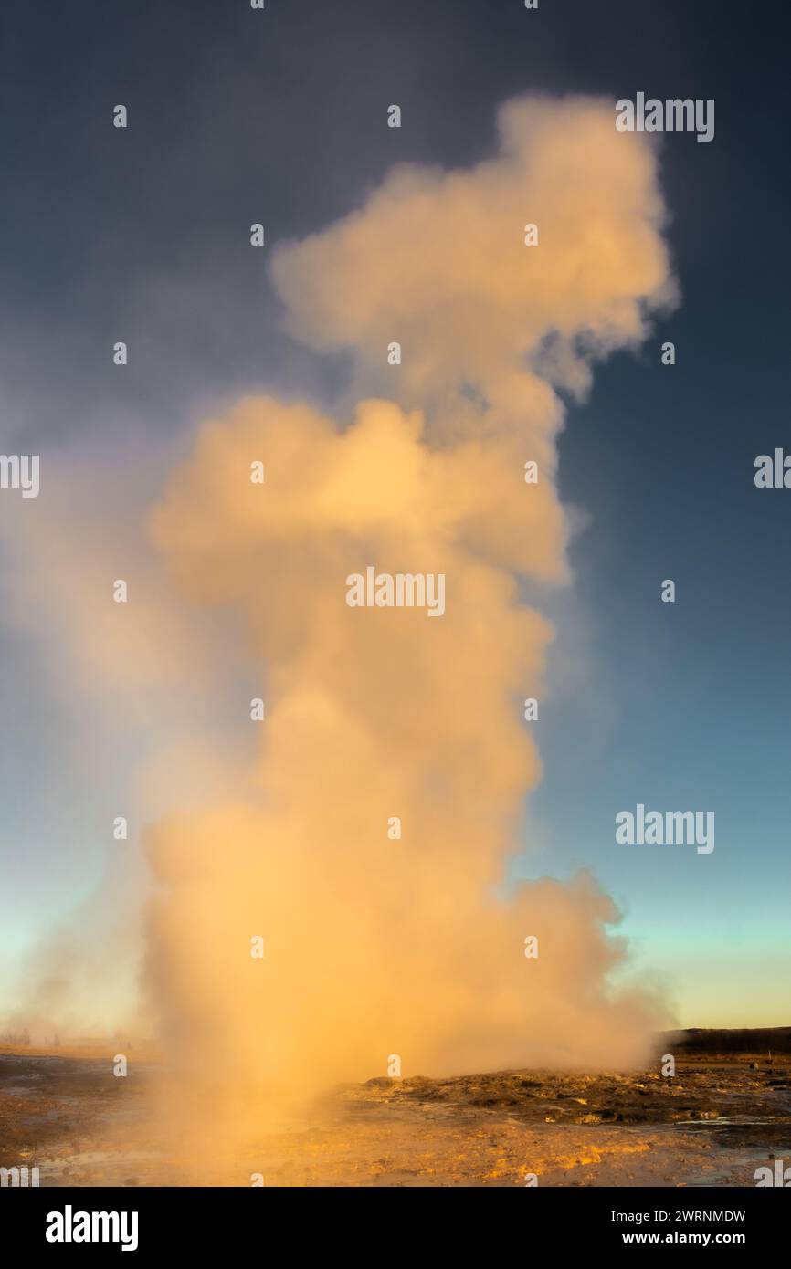 Stokkur geyser spectacular eruption in front of the sun, Iceland Stock ...