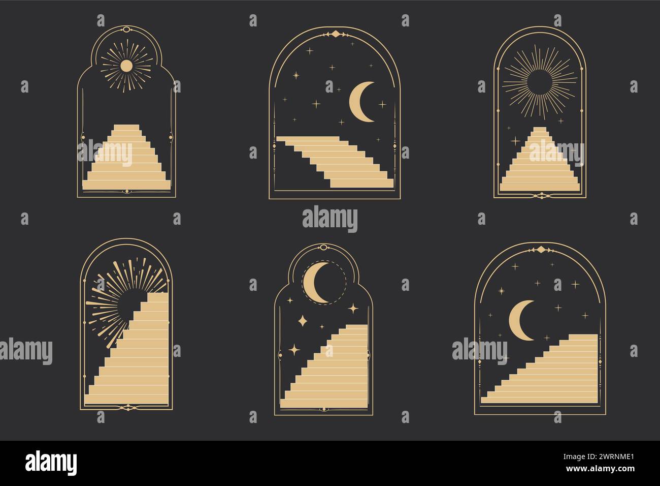 Set arch window line frame celestial, mystic with staircase, astrology symbols moon and sun ...