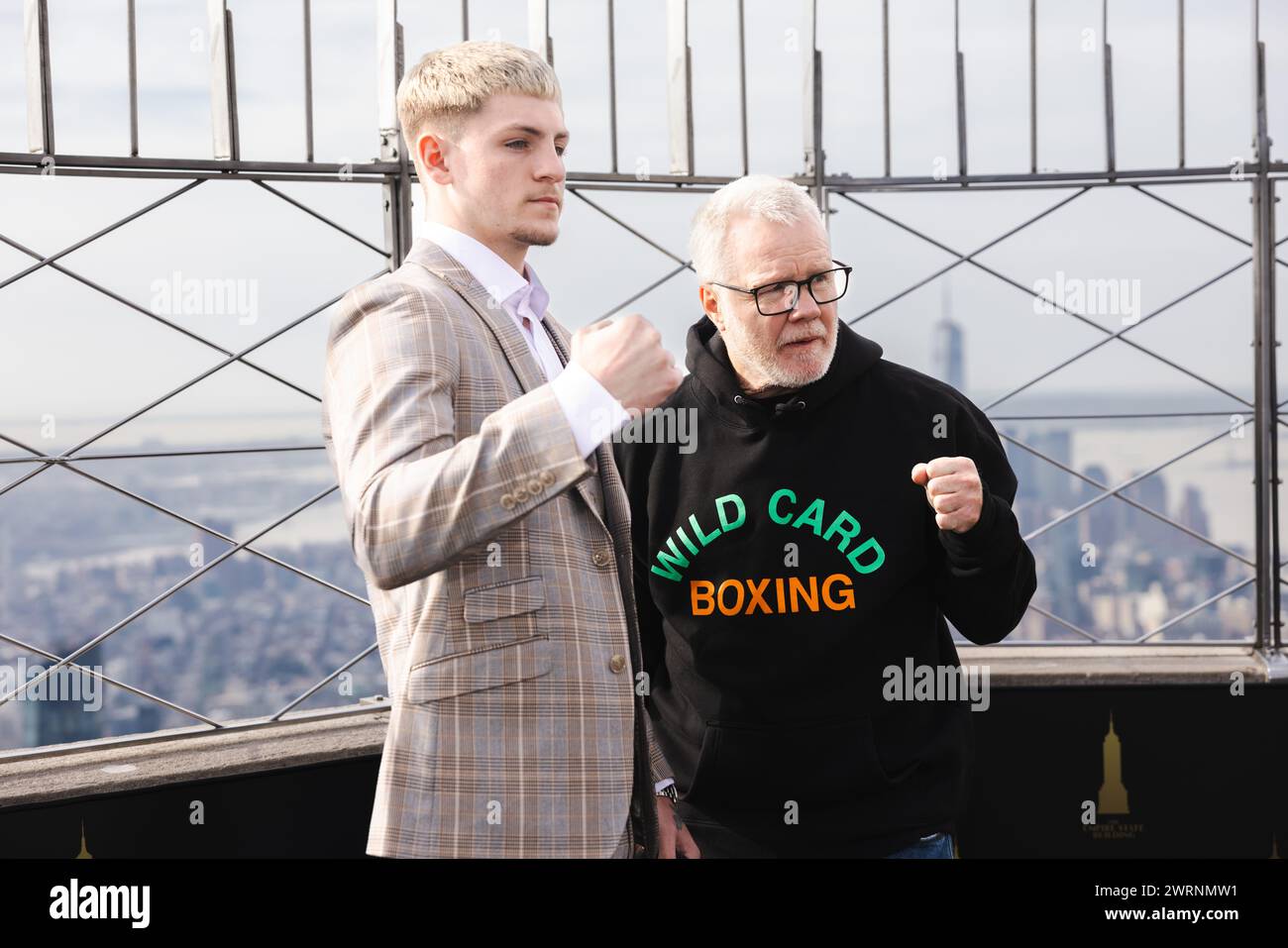 New York, USA. 13th Mar, 2024. Professional boxer ‘King' Callum Walsh and coach Freddie Roach ...